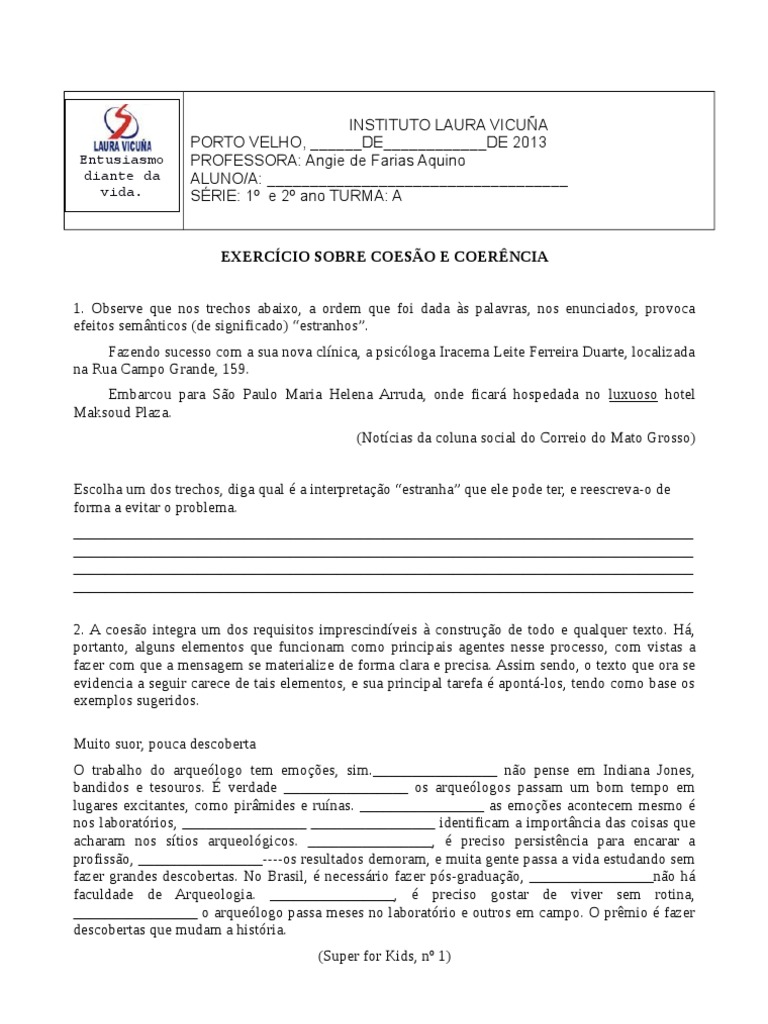 Exercício coesão e coerencia Exercício coesão e coerencia