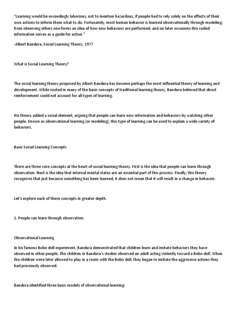 Overview of Bandura's Social Learning Theory | PDF | Behaviorism ...