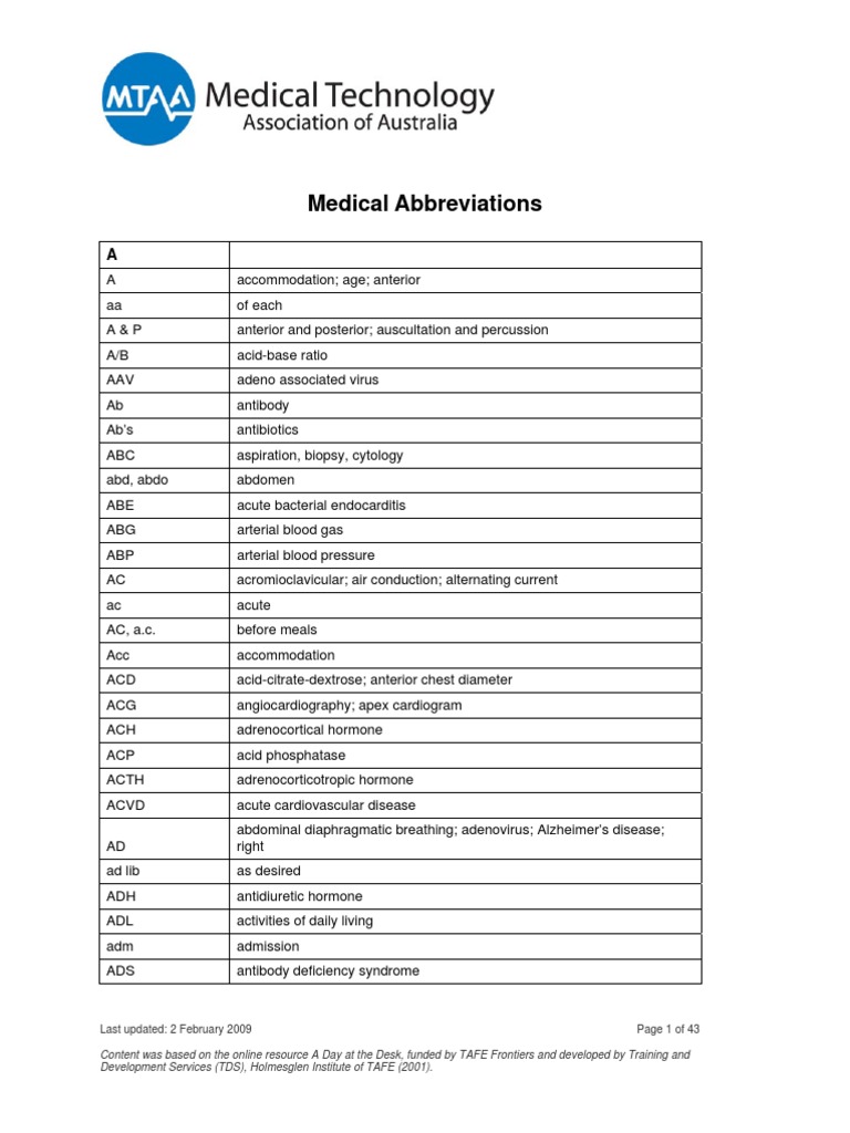 Medical Abbreviations - Feb 2009 | PDF | Fetus | Hepatitis