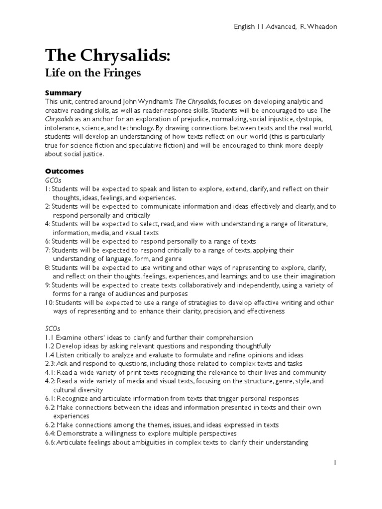 The Chrysalids - Eng11 Advanced Unit Plan | PDF | Reading Comprehension ...