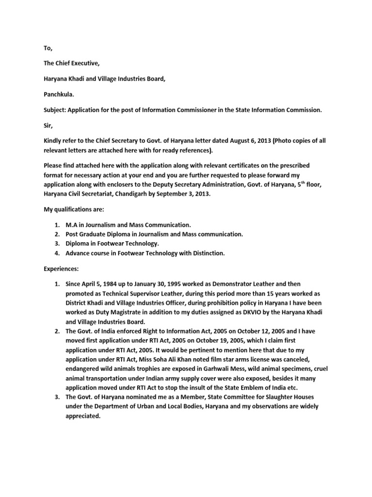 Application For The Post of Information Commissioner in The State ...