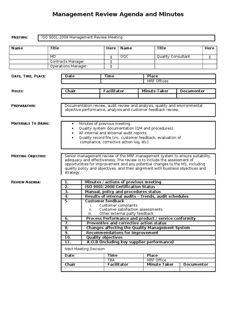 Management Review Agenda and Minutes | PDF | Iso 9000 | Audit