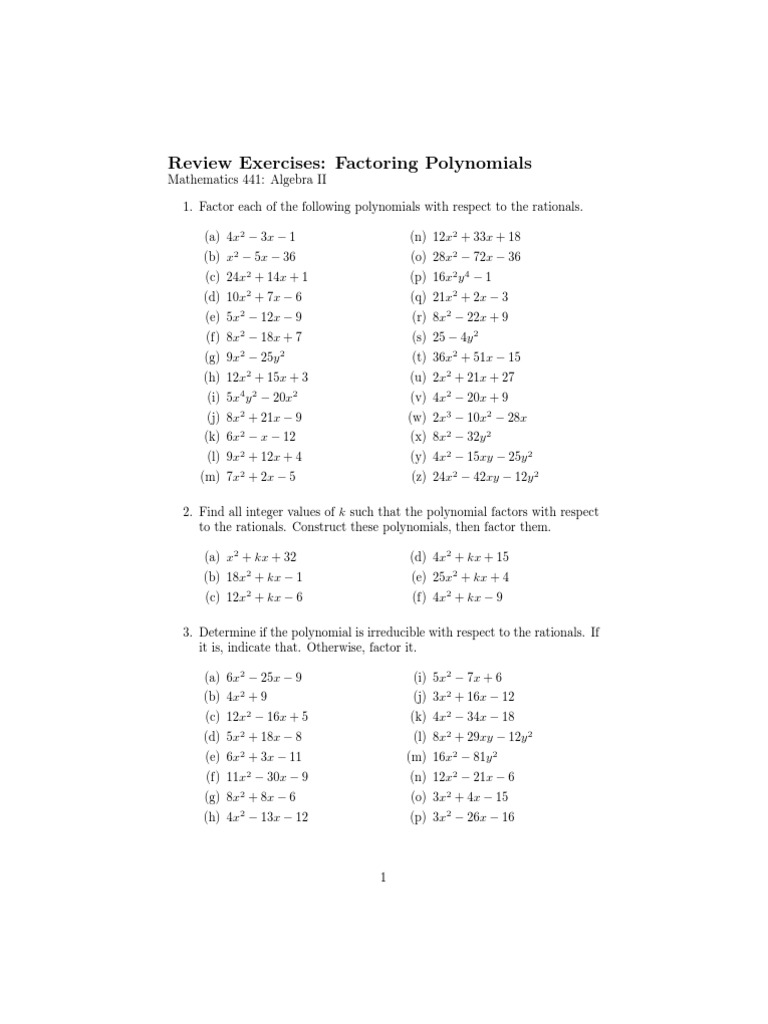 Factoring Polynomials Review Exercises | PDF | Factorization | Algebra