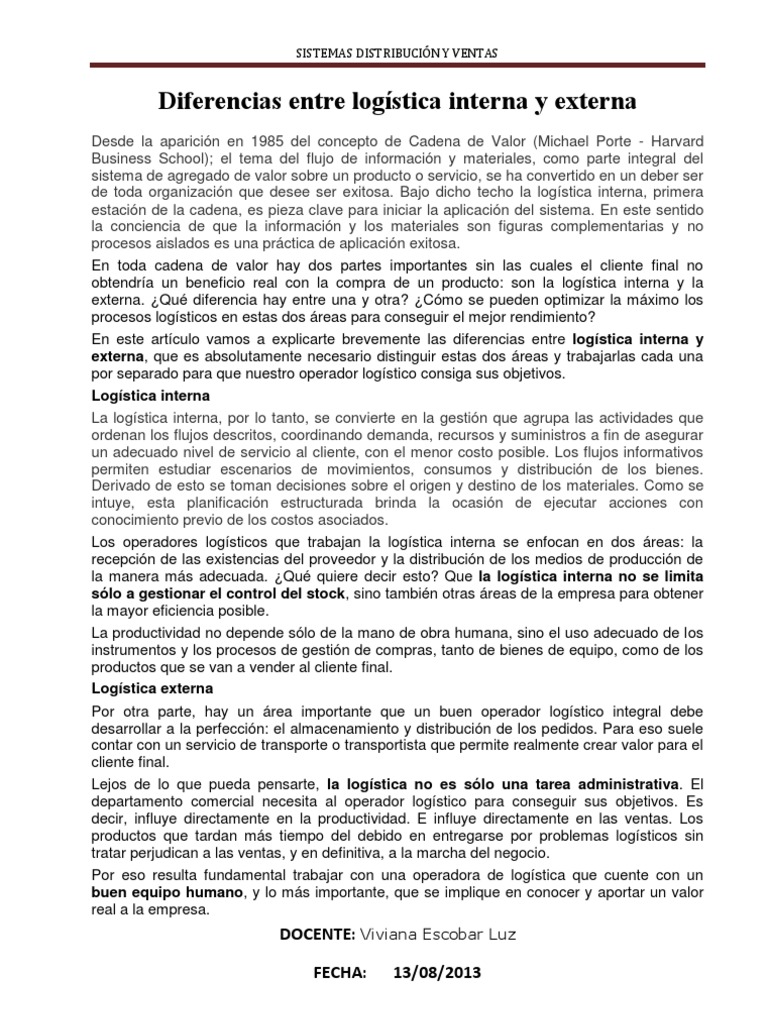 Diferencias Entre Logística Interna y Externa | PDF | Logística ...