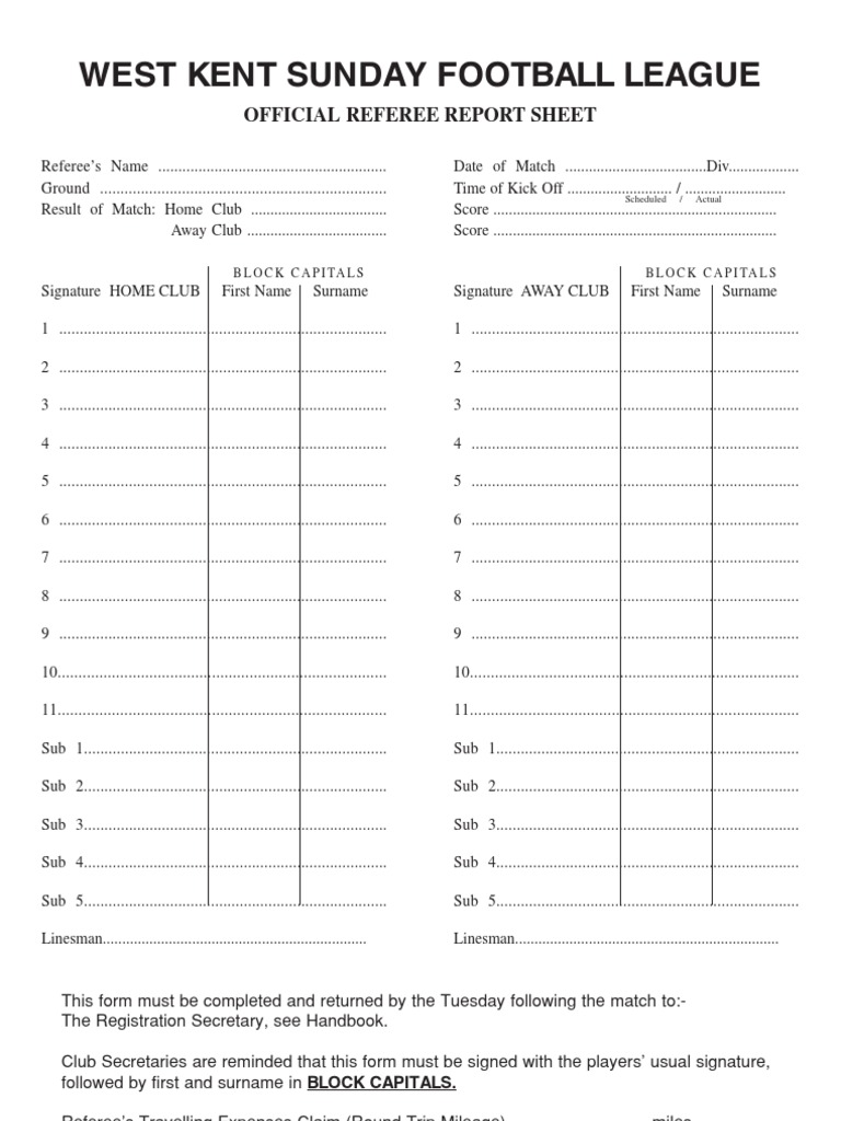 West Kent Sunday League Referee Report | PDF