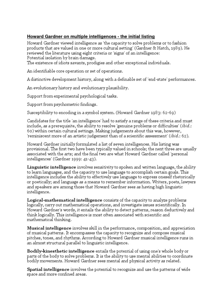 Gardner's Theory of Multiple Intelligences | PDF | Intelligence ...