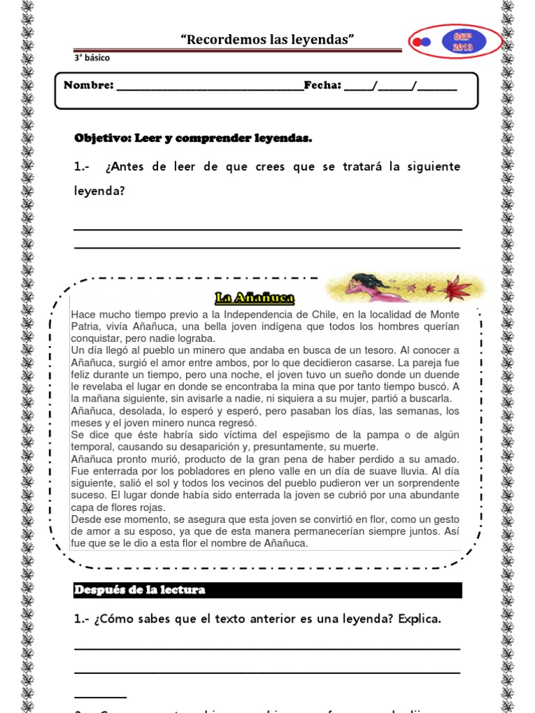 Actividades de Comprensión de Leyendas 3° Básico | PDF