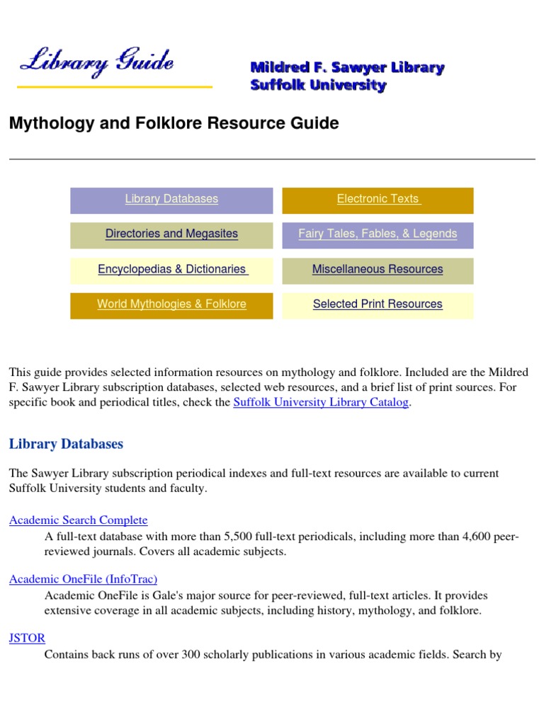 Mythology and Folklore Resource Guide: Library Databases Electronic ...