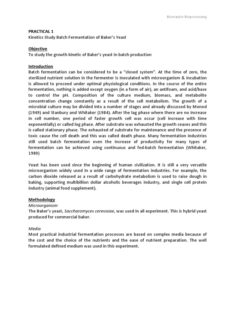Kinetics Study Batch Fermentation of Baker's Yeast | PDF | Fermentation | Growth Medium