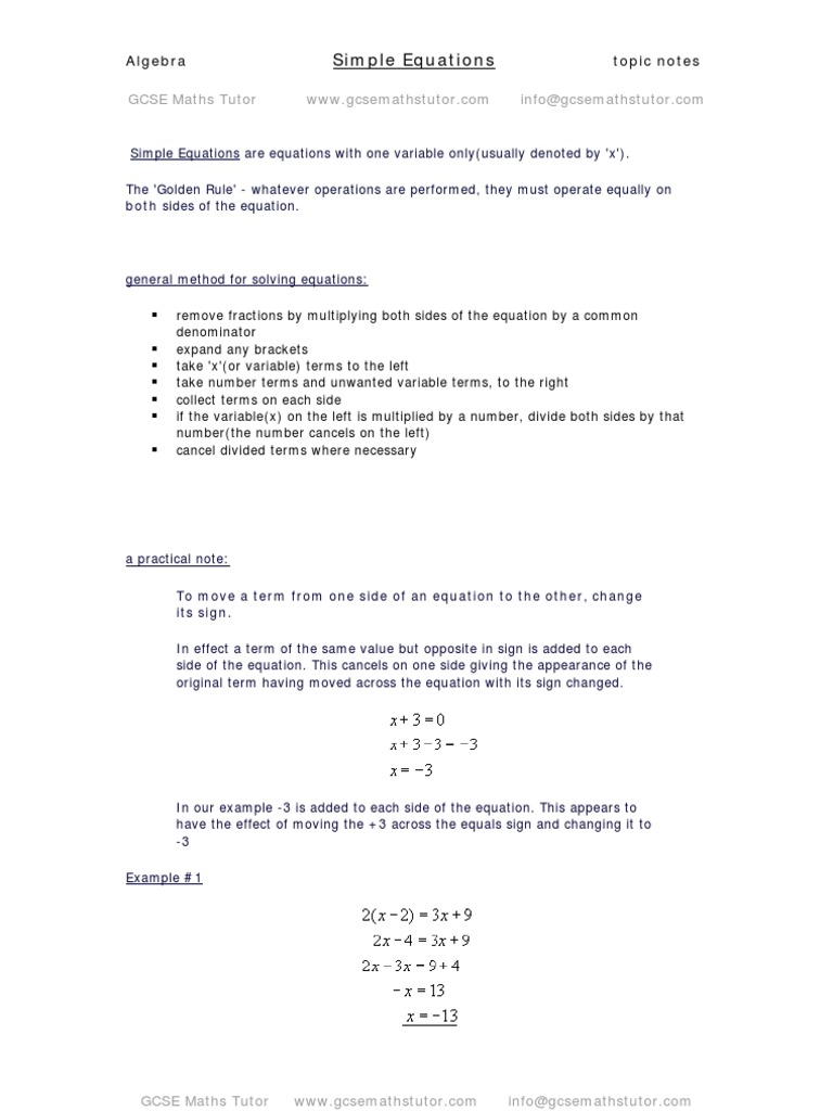 Simple Equations, Algebra Revision Notes From GCSE Maths Tutor | PDF ...
