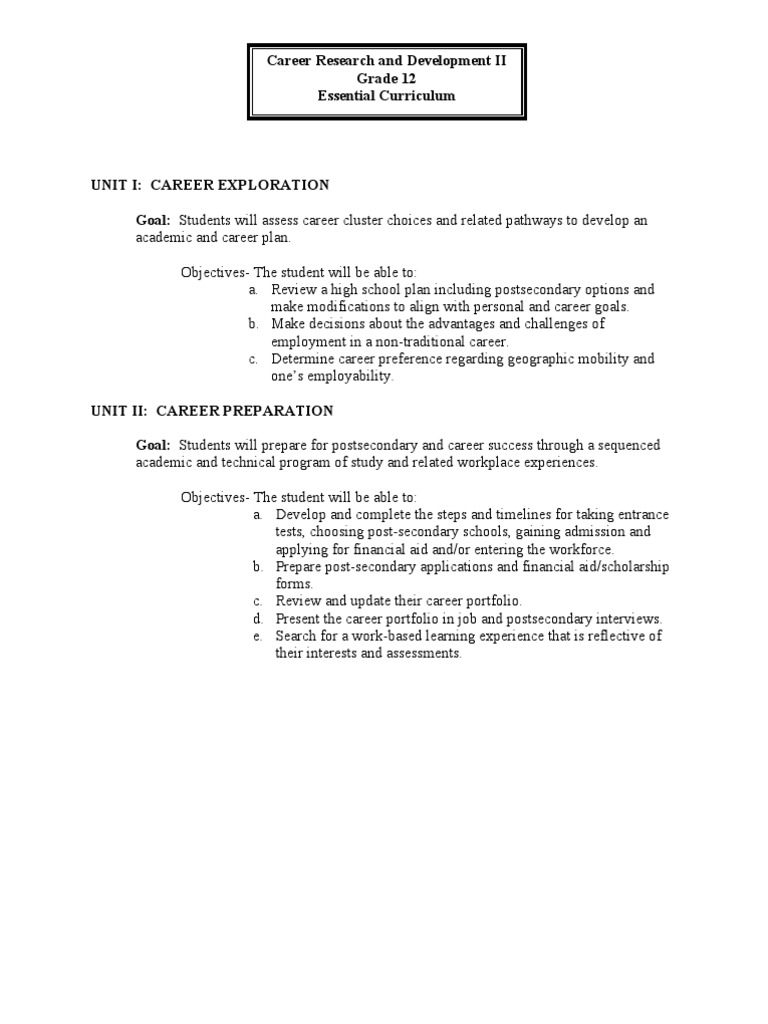 Career Research and Development II Essential Curriculum (Grade 12 ...