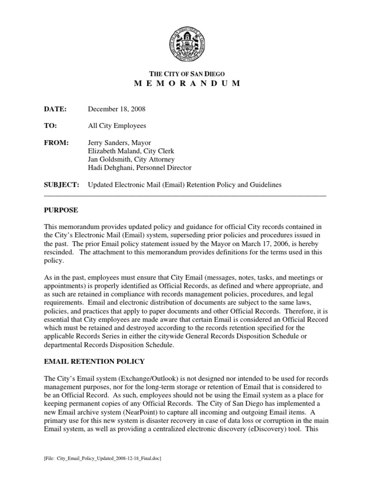 San Diego Email Retention Policy Update | PDF | Records Management | Email
