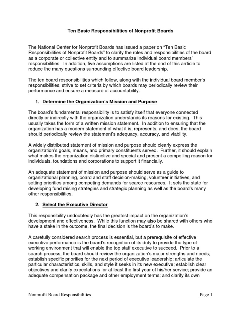 Ten Basic Responsibilities of Nonprofit Boards | PDF | Fundraising ...