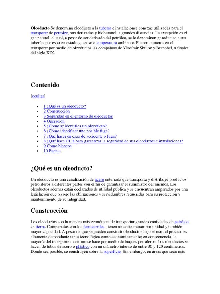 Oleoducto Se Denomina Oleoducto A La Tubería e Instalaciones Conexas ...