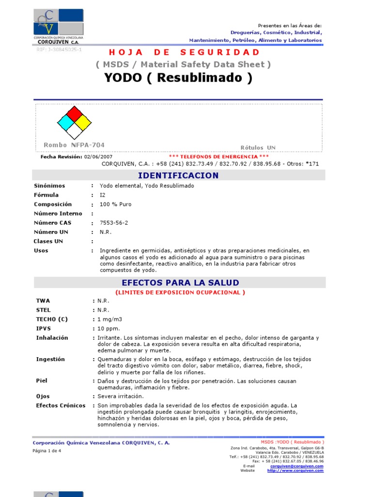 Msds Yodo Resublimado | PDF | Solubilidad | Agua