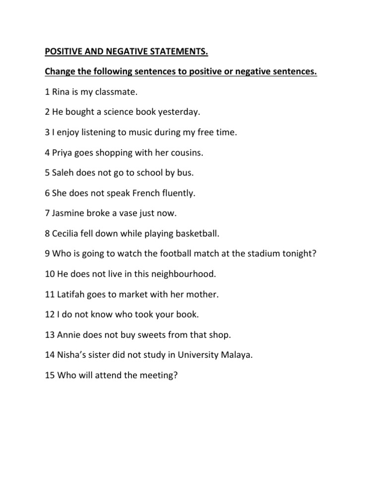 Positive and Negative Sentence Practice | PDF