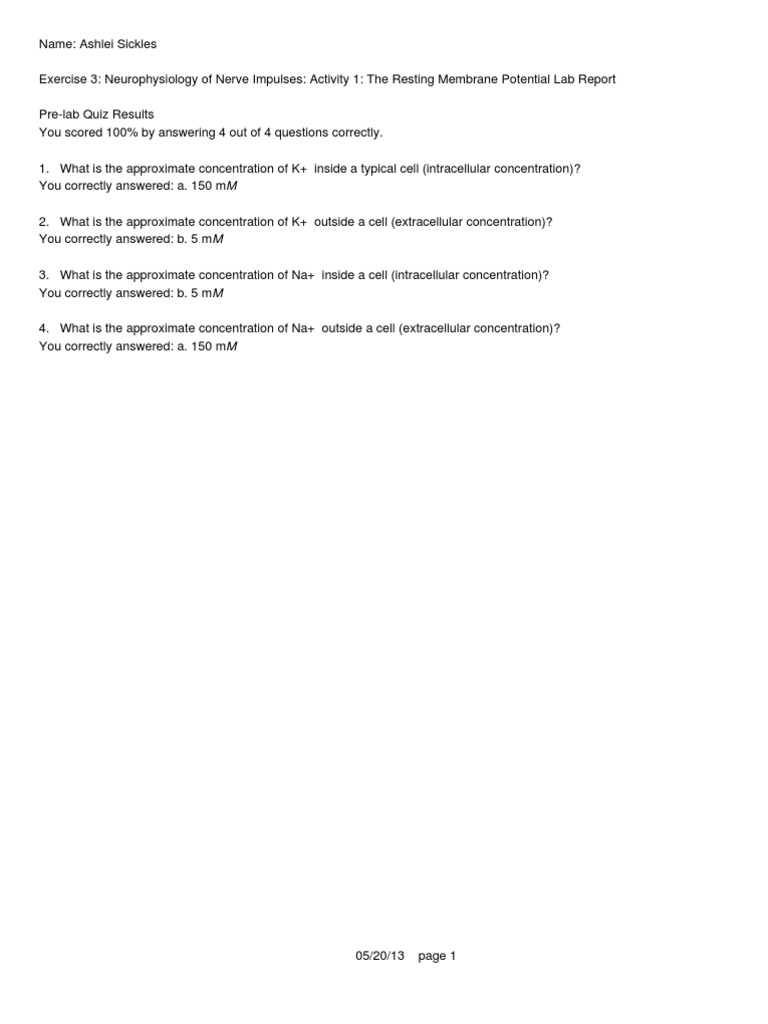Physioex 9.0 Exercise 3 Act 1 | PDF | Membrane Potential | Cell Membrane