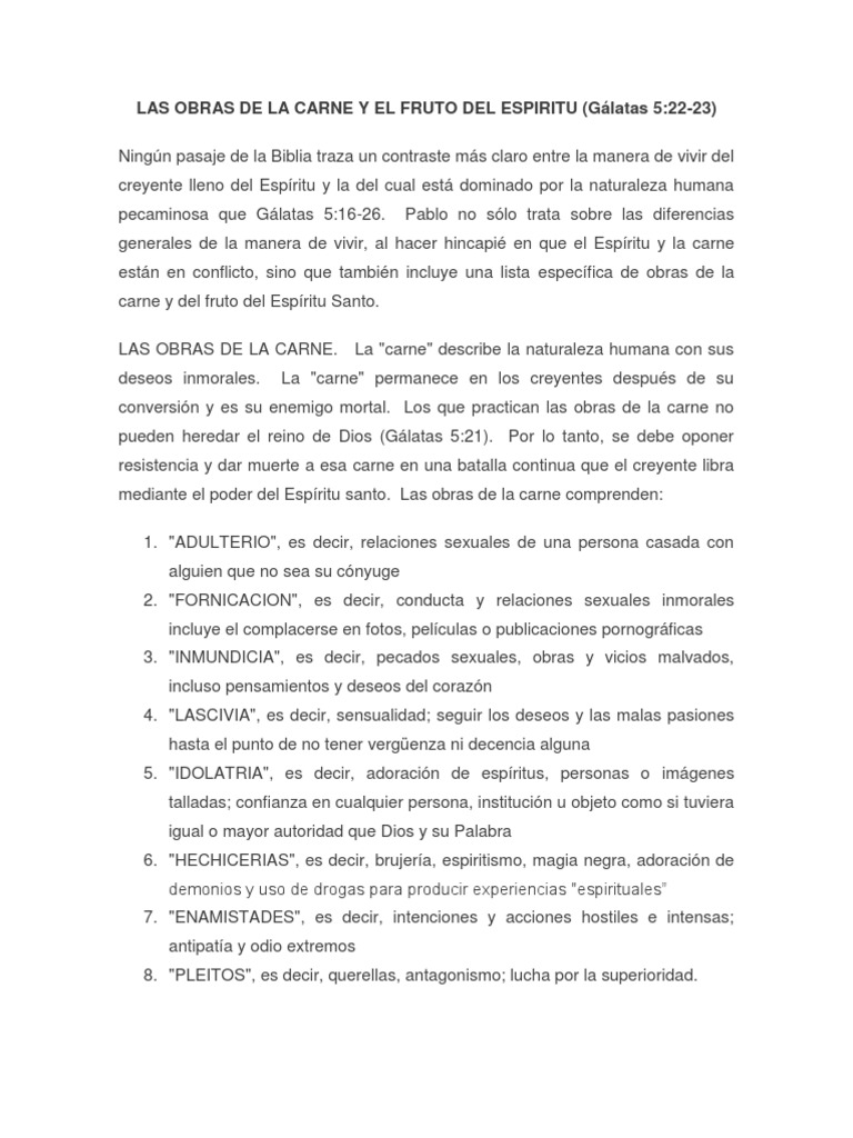 Obras de la Carne y Fruto del Espíritu | PDF | Pecado | espíritu Santo