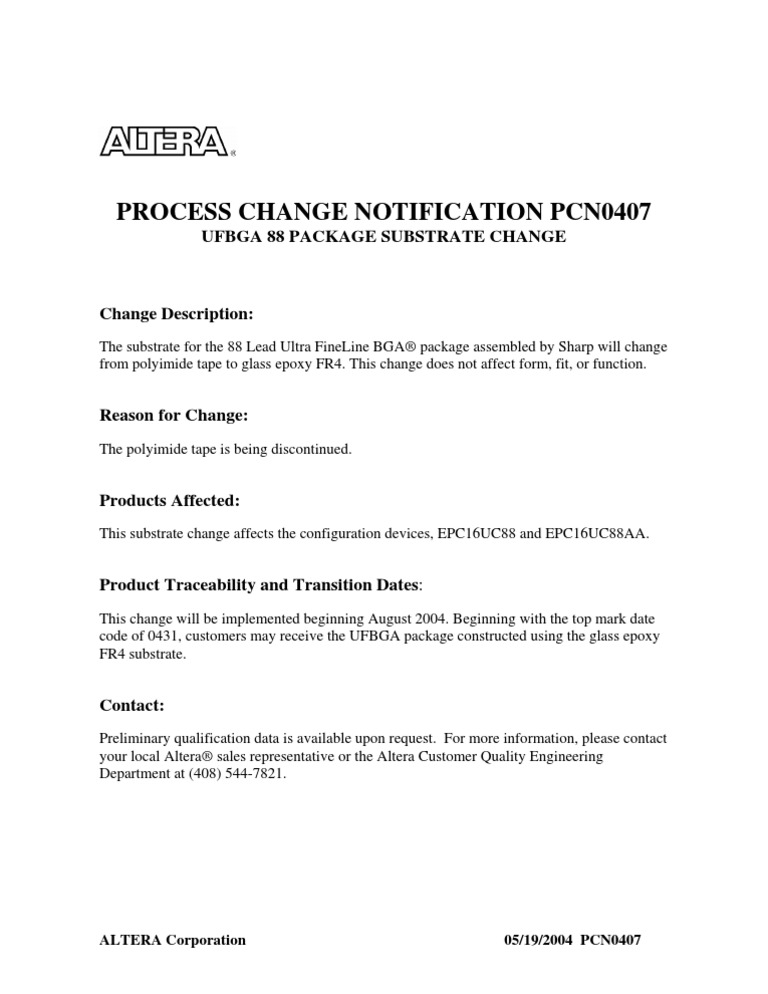 Process Change Notification Pcn0407: Ufbga 88 Package Substrate Change ...