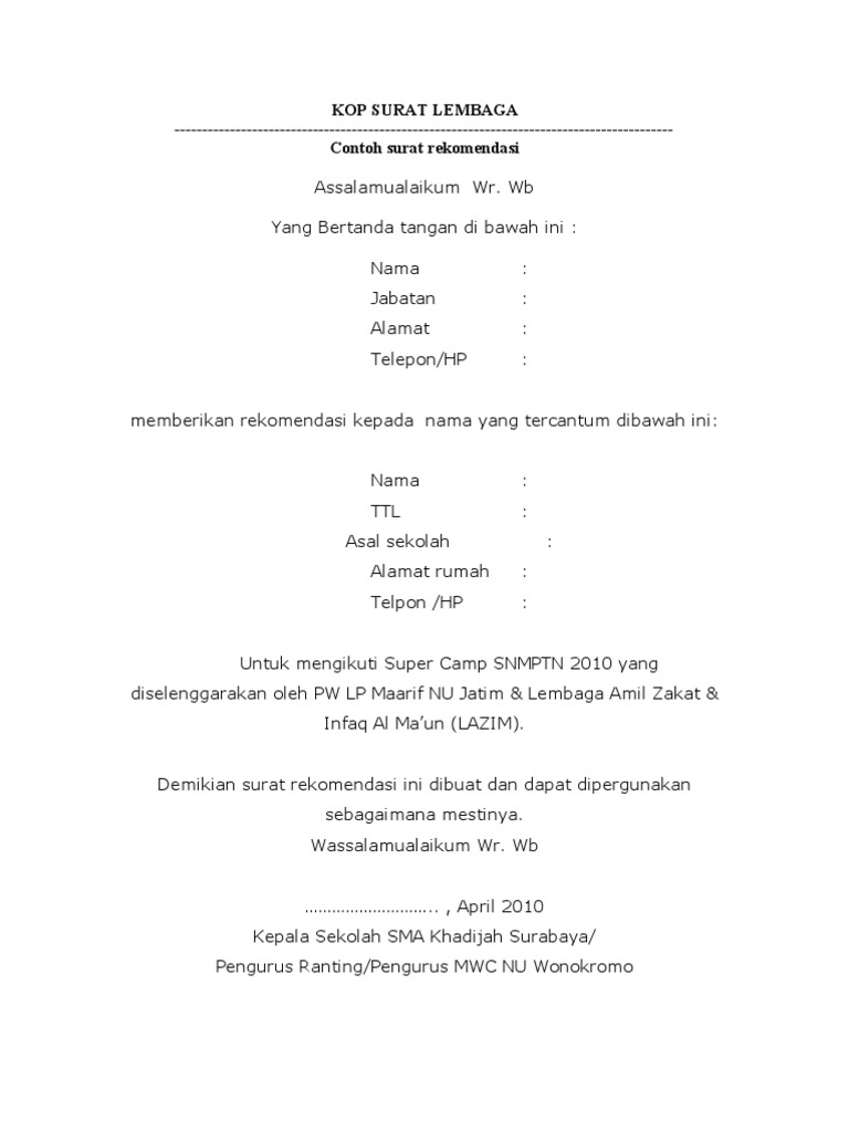 Contoh Surat Rekomendasi | PDF