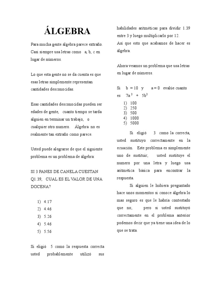 Ejercicios de Álgebra para Primaria | PDF | Multiplicación | Álgebra