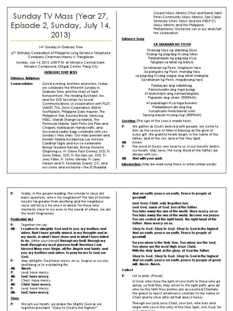 Sunday TV Mass (July 14, 2013) | PDF | Lord's Prayer | Glory (Religion)