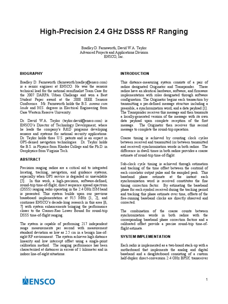 High Precision DSSS RF Ranging ENSCO Geolocation Navigation Tech Paper ...