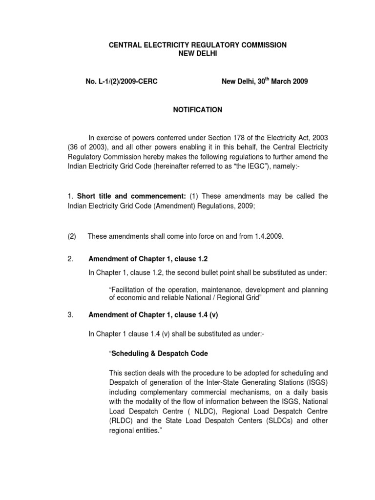 Indian Electricity Grid Code (Amendment) Regulations, 2009 (30.03.2009 ...