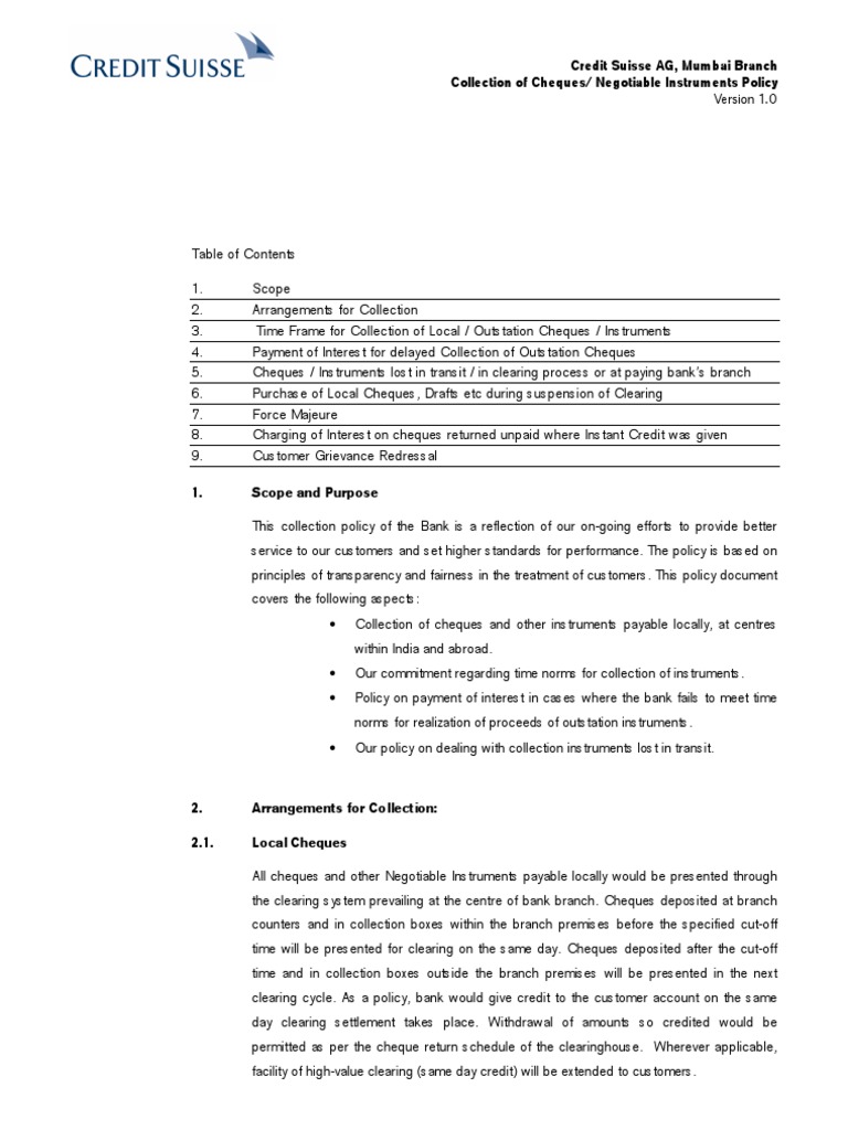 Cheque Collection Policy | PDF | Cheque | Overdraft