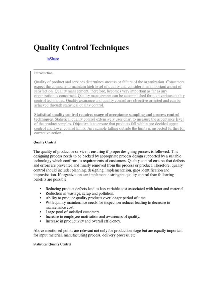 Quality Control Techniques | PDF | Quality (Business) | Statistics