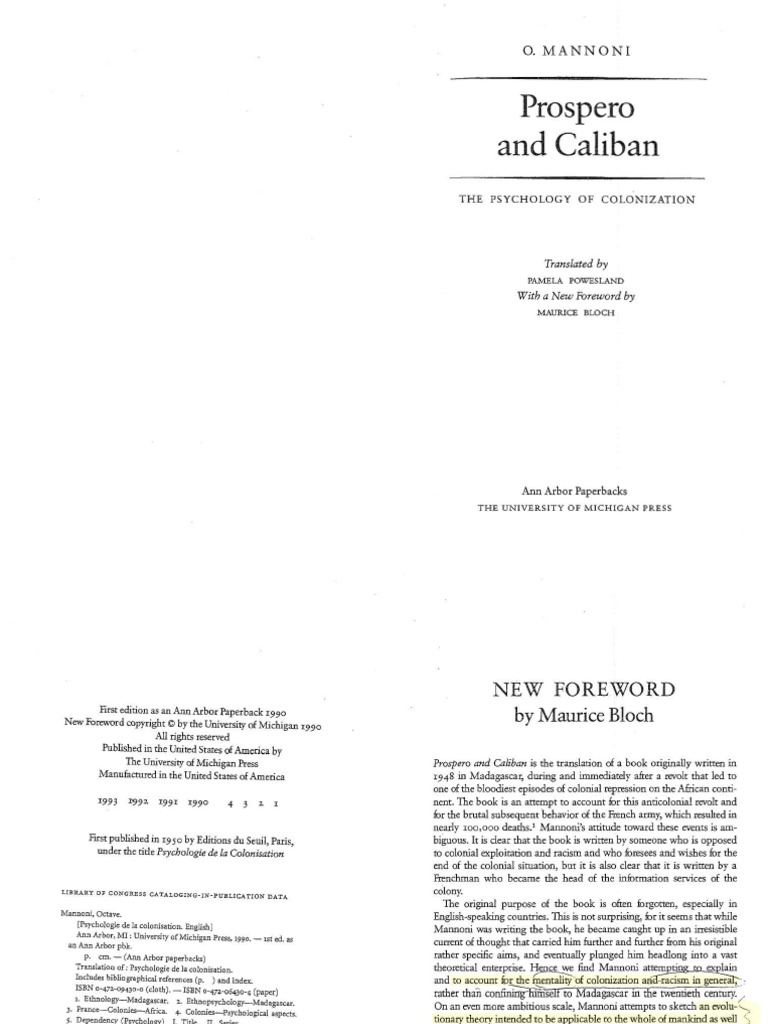 Mannoni, Prospero & Caliban (Intro., Ch1) | PDF | Colonialism | Psychology