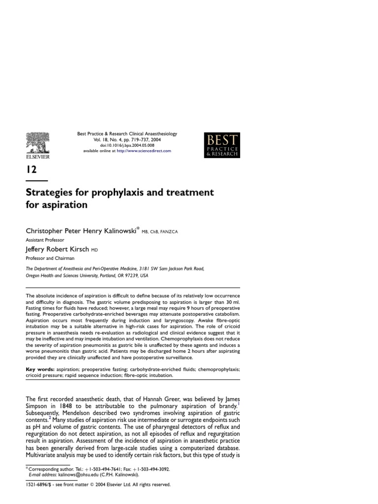 Prophylaxis and Treatment For Aspiration | PDF | Pneumonia | Anesthesia