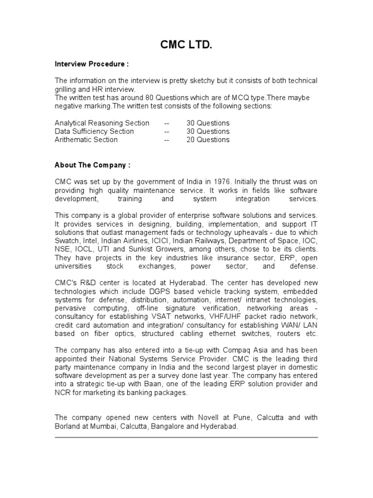CMC LTD.: Interview Procedure | PDF | Computer Network | Odds
