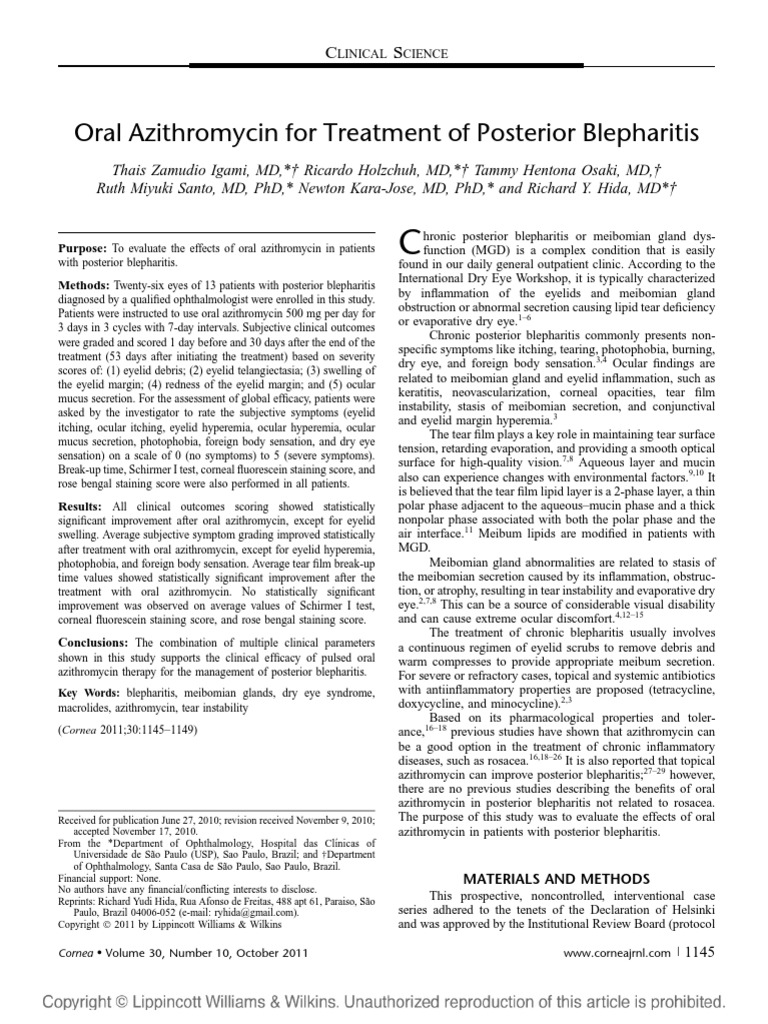 Oral Azithromycin For Treatement of Posterior Blepharitis | PDF ...