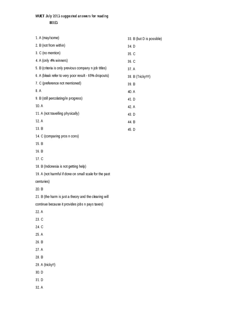 MUET July 2013 Reading Answers | PDF
