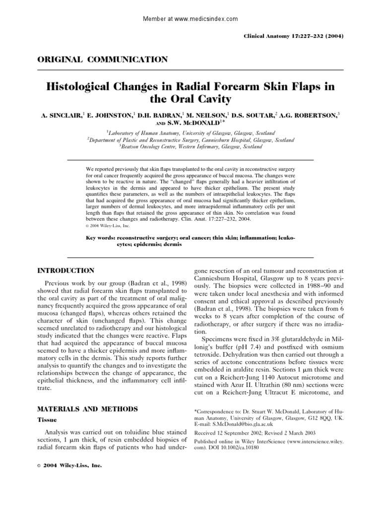 His To Logical Changes in Radial Forearm Skin Flaps in The Oral Cavity ...