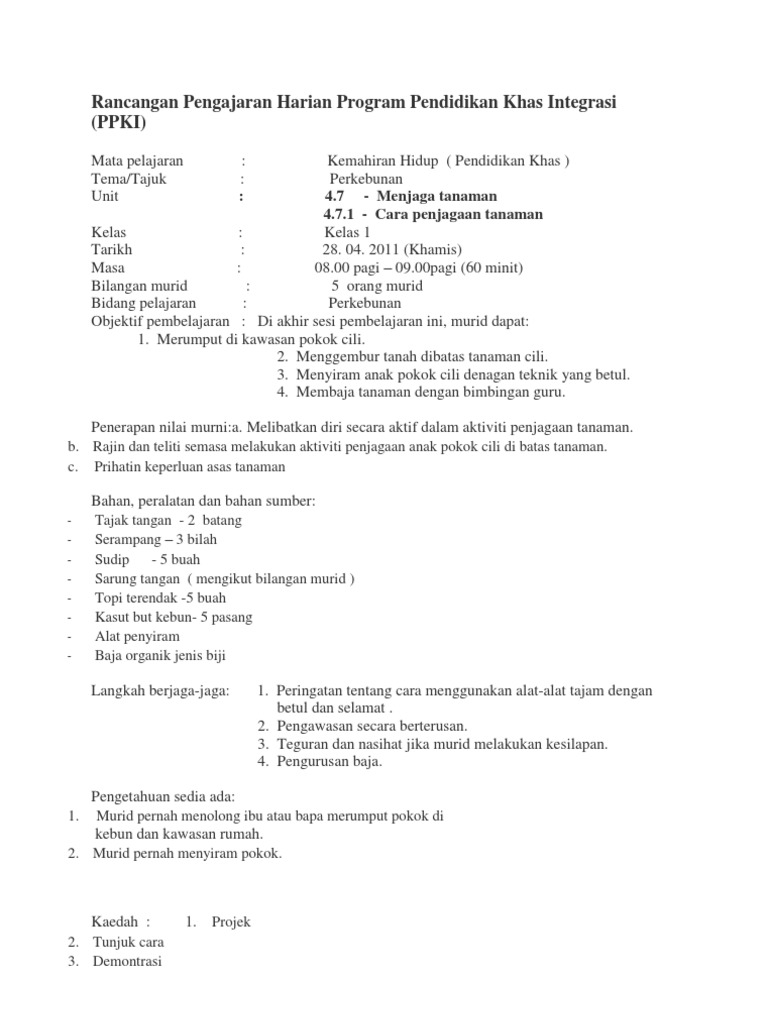 Rancangan Pengajaran Harian Program Pendidikan Khas Integrasi | PDF