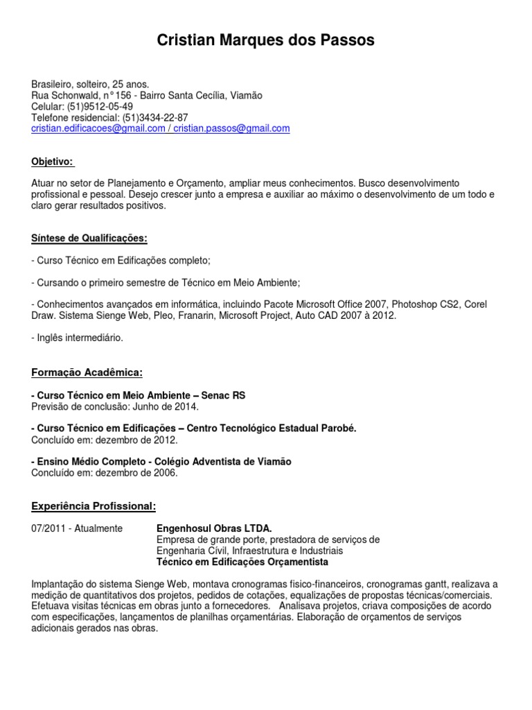 Curriculum Vitae - Cristian Marques Dos Passos | PDF | Setor terciário ...