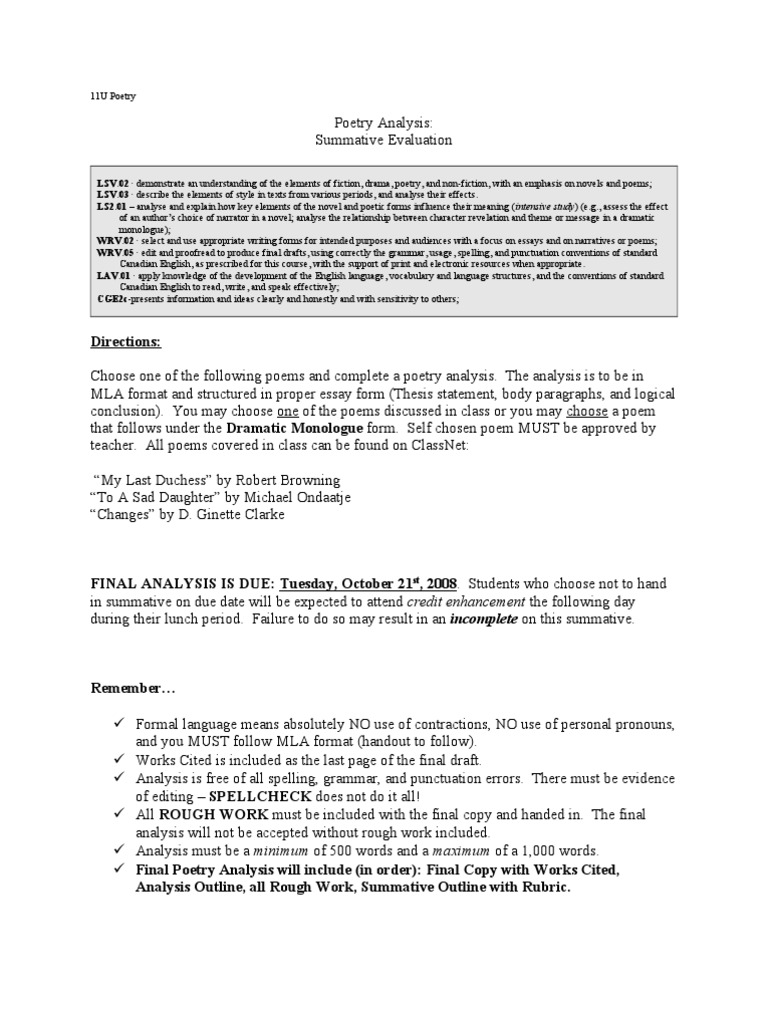 Poetry Analysis Summative Outline Rubric and Supplementary Notes | PDF ...