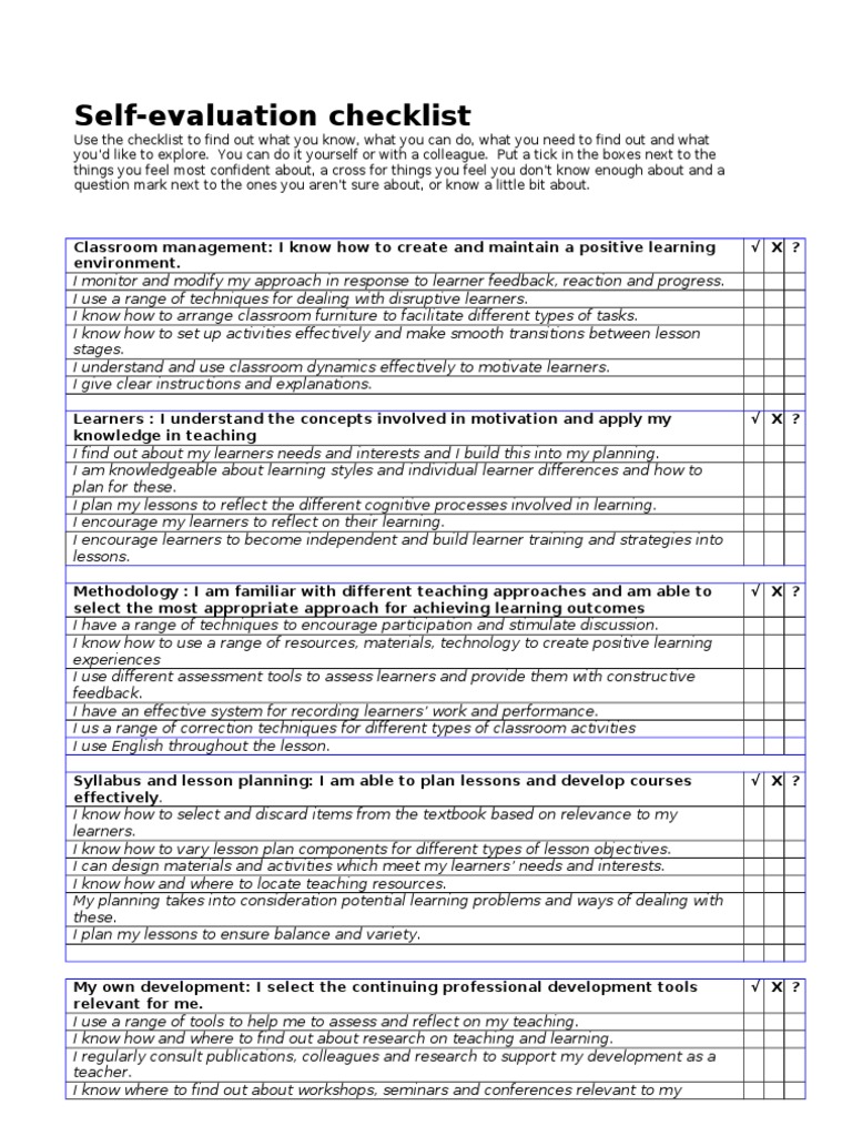 Teacher's Self-Evaluation Form | PDF | Classroom | Learning