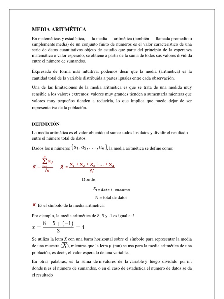 Definición y Cálculo de Media Aritmética | PDF | Significado aritmetico ...