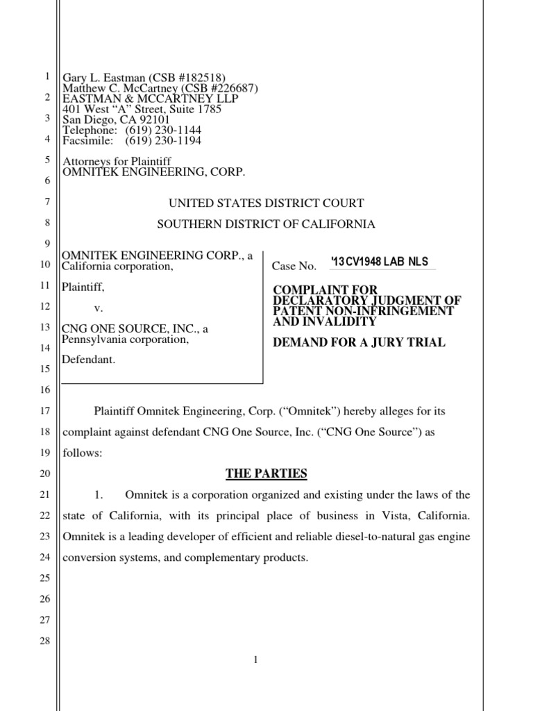 Omnitek Engineering v. CNG One Source | PDF | Declaratory Judgment | Patent
