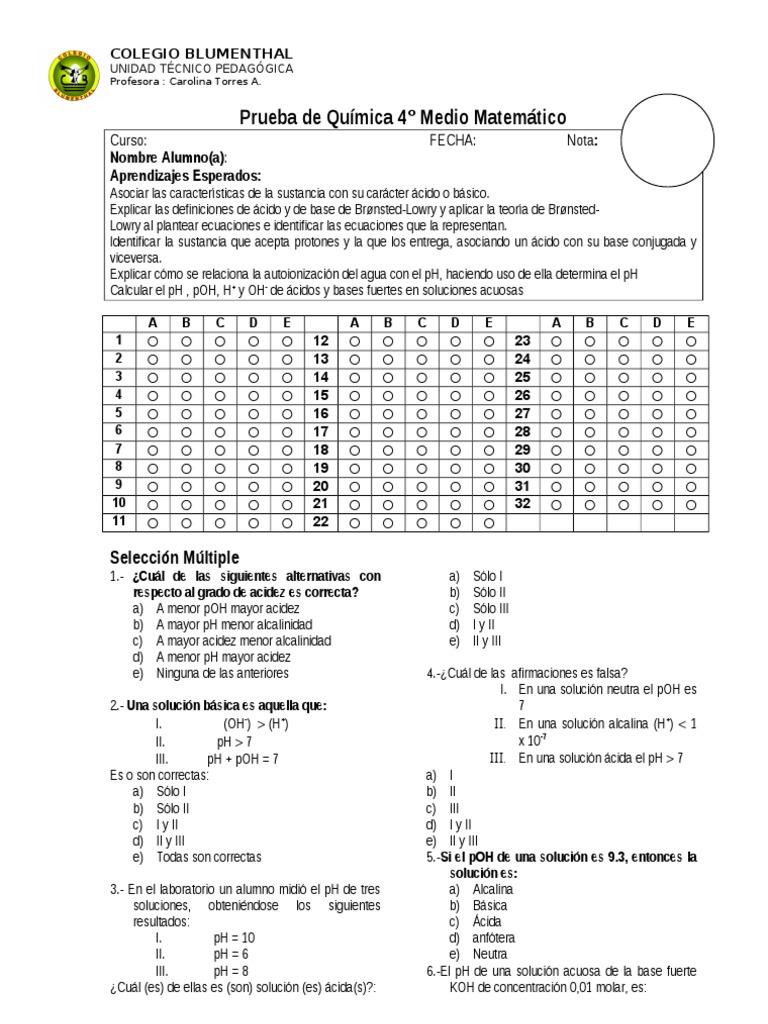 Prueba de Química 3o Medio Acidos y Bases | Descargar gratis PDF | Ph ... Prueba de Química 3o Medio Acidos y Bases | Descargar gratis PDF | Ph ...