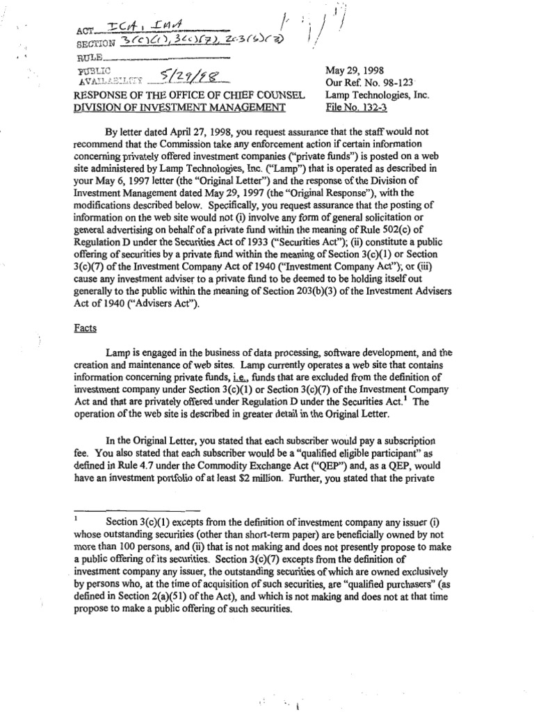 SEC No Action Letter Lamp Technologies, Inc. May, 29, 1998 | PDF ...