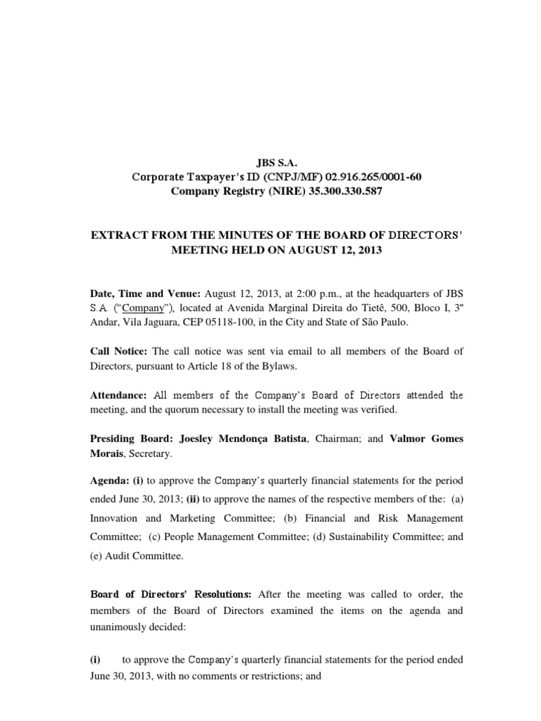 EXTRACT FROM THE MINUTES OF THE BOARD OF DIRECTORS | Board Of Directors ...