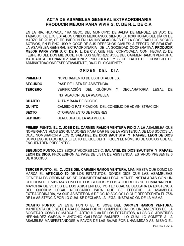 Acta de Asamblea Extraordinaria | PDF
