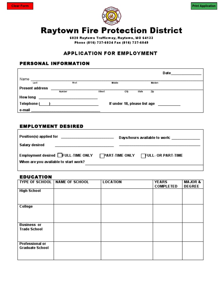 Raytown Fire Protection District: Application For Employment | PDF ...