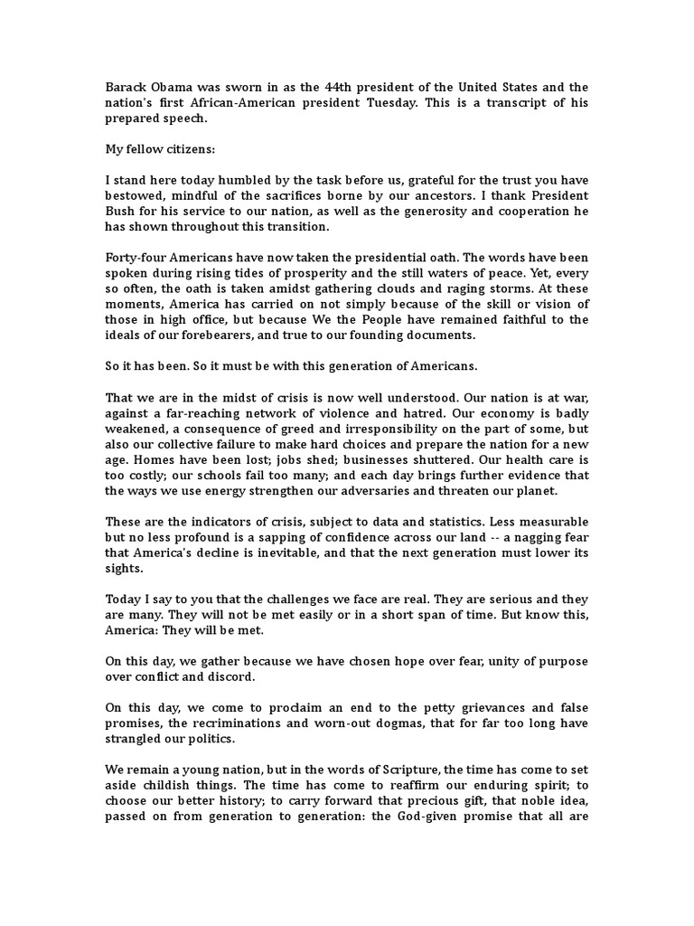 Obama Inaugural Speech Transcript | PDF | Barack Obama | The United States