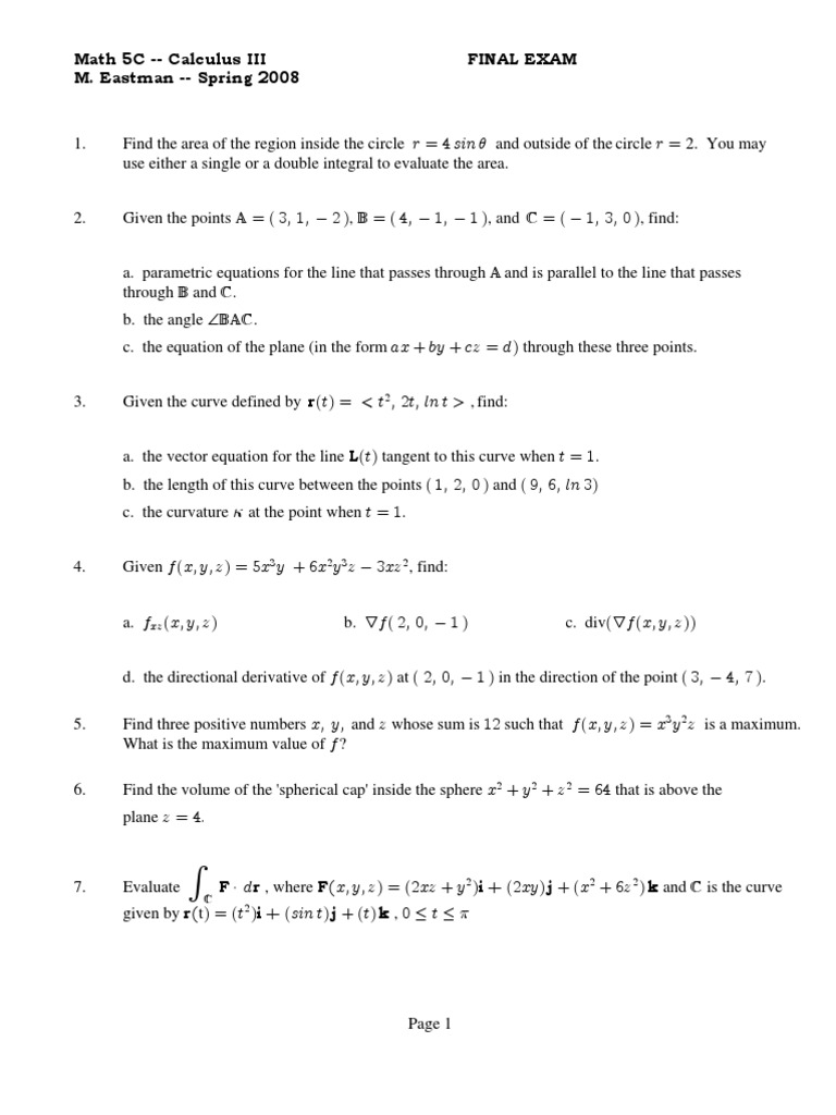 Calc 3 Final Exam - Eastman | Curvature | Integral