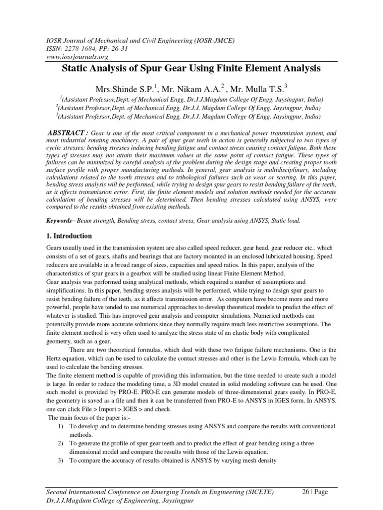 Finite Element Analysis of Bending Stresses in Spur Gear Teeth Using ...